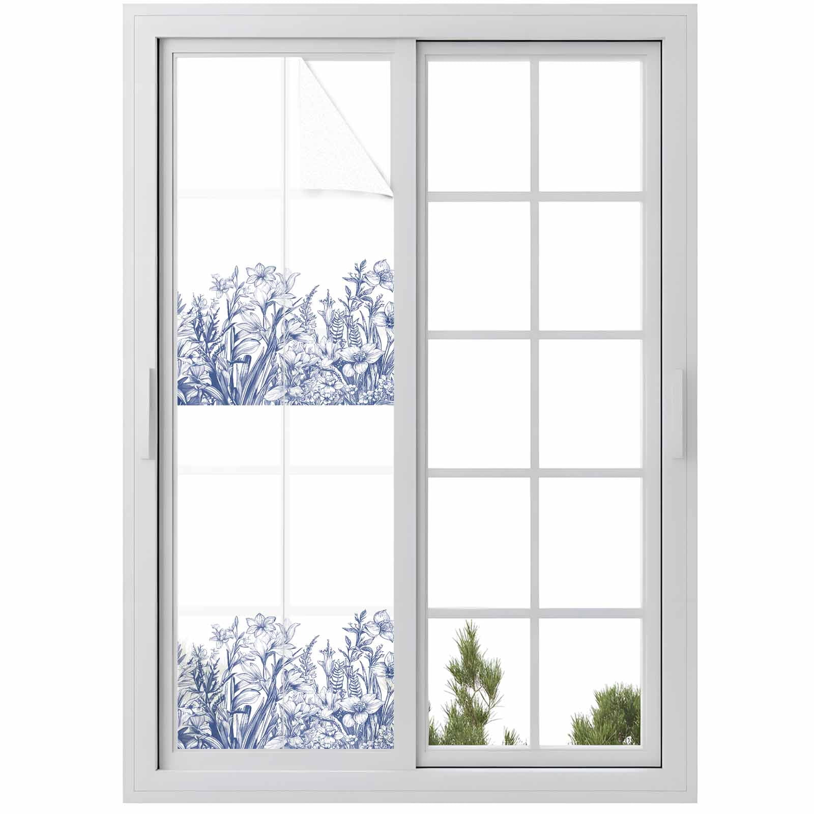 Blue Spring Floral Window Privacy Film, Watercolor Botanical Summer ...