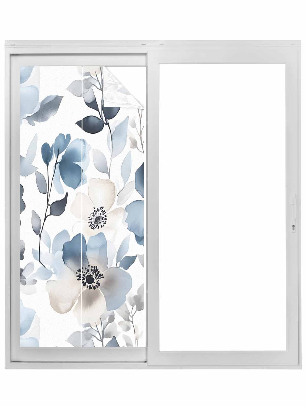 Blue Spring Floral Window Privacy Film, Watercolor Summer Flowers ...