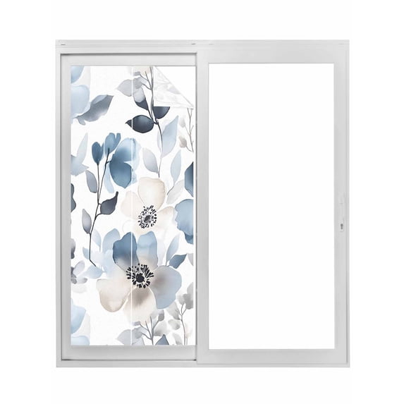 Blue Spring Floral Window Privacy Film, Watercolor Summer Flowers ...