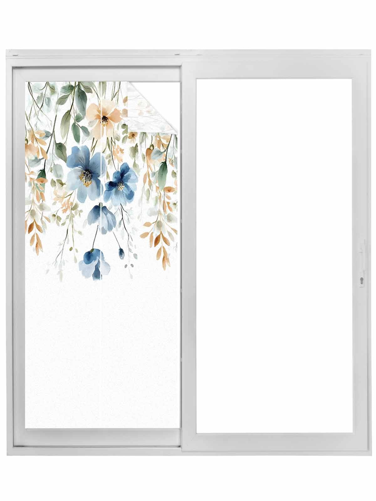 Blue Spring Floral Window Privacy Film, Weeping Botanical Orange Summer ...