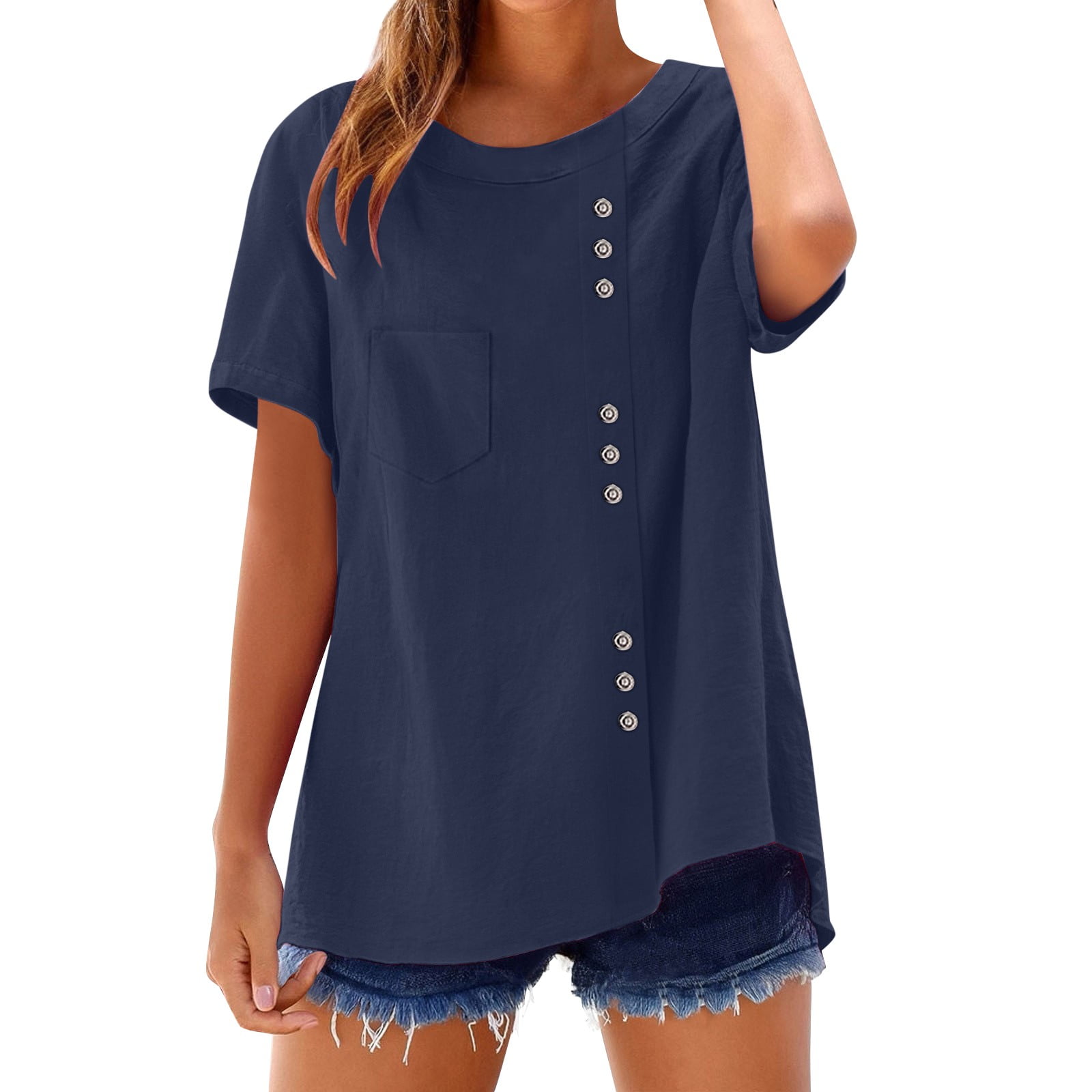 Blue Spring Tops Deals Women's Retro Round Neck Button Cotton Linen ...