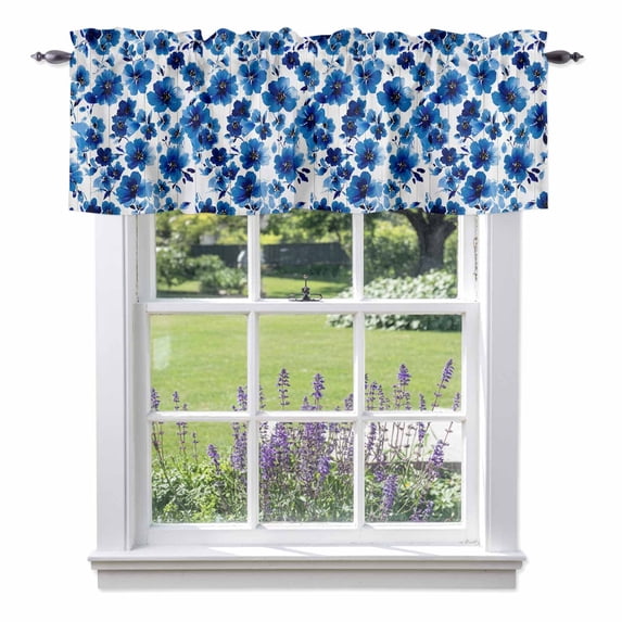 Blue Spring Watercolor Flower Valances for Windows,Kitchen Valance Rod ...