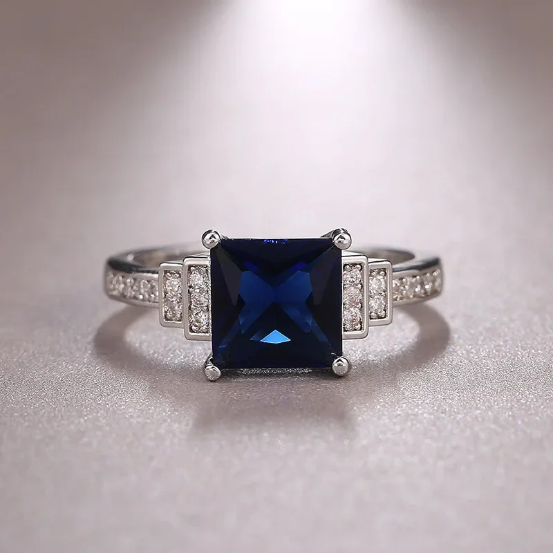 Blue Square Cut Four Claws Women Ring Vintage Design Gracious Lady ...