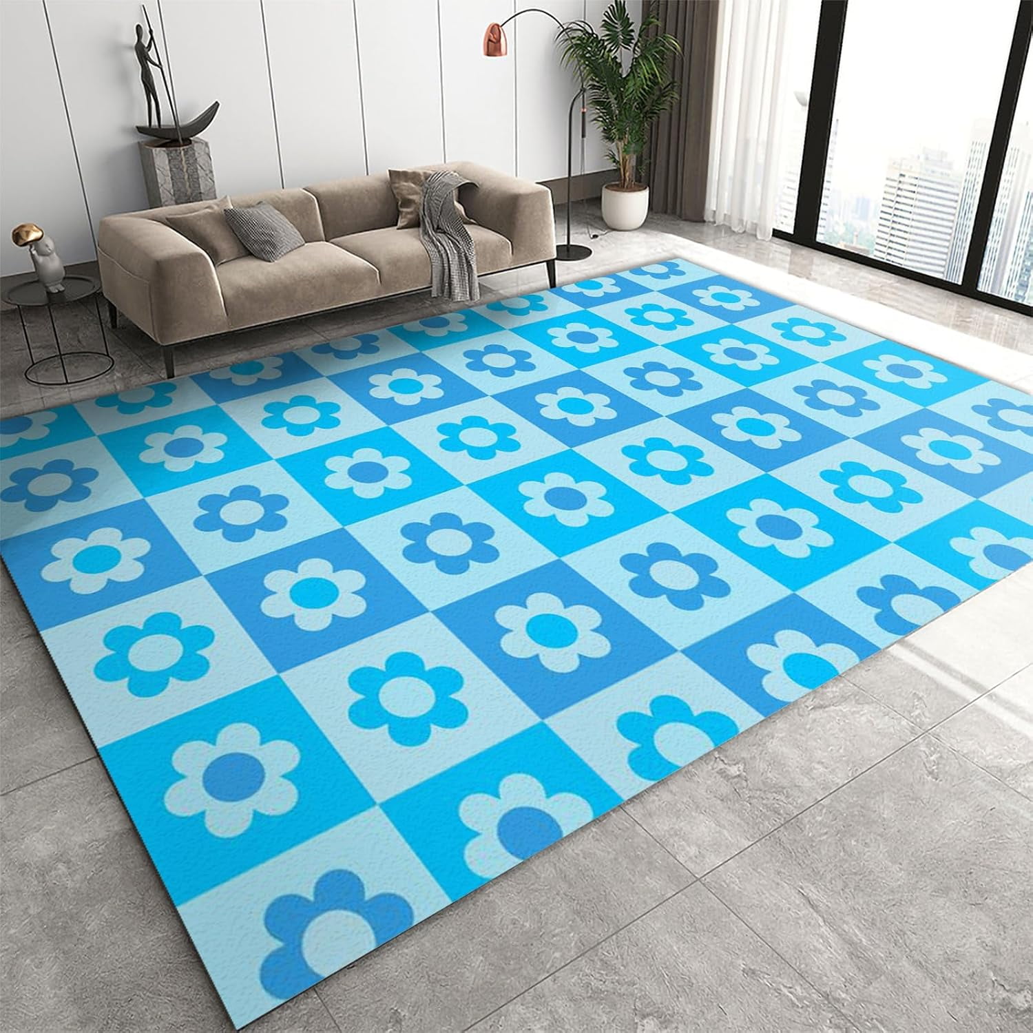 Blue Square Lattice Print Children Rug ，Geometry Cartoon Blue Flowers ...