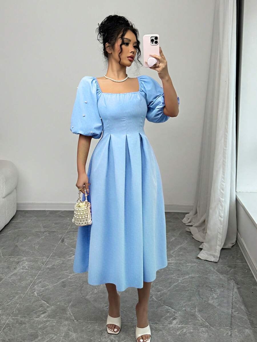 Blue Square Neck Puff Sleeve Midi Dress For Women, Spring Summer Fit ...