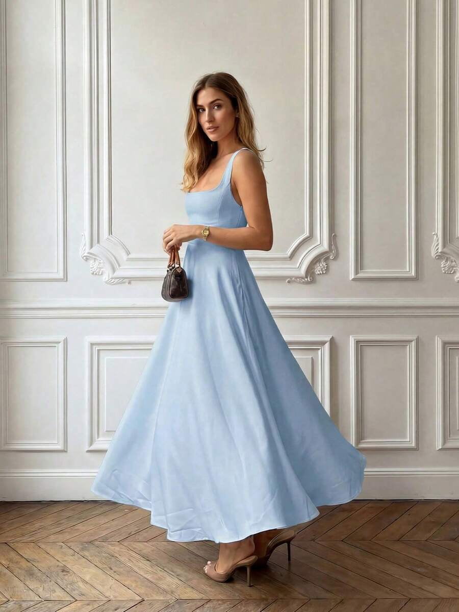Blue Square Neck Spaghetti Strap A-Line Maxi Dress For Evening Party ...