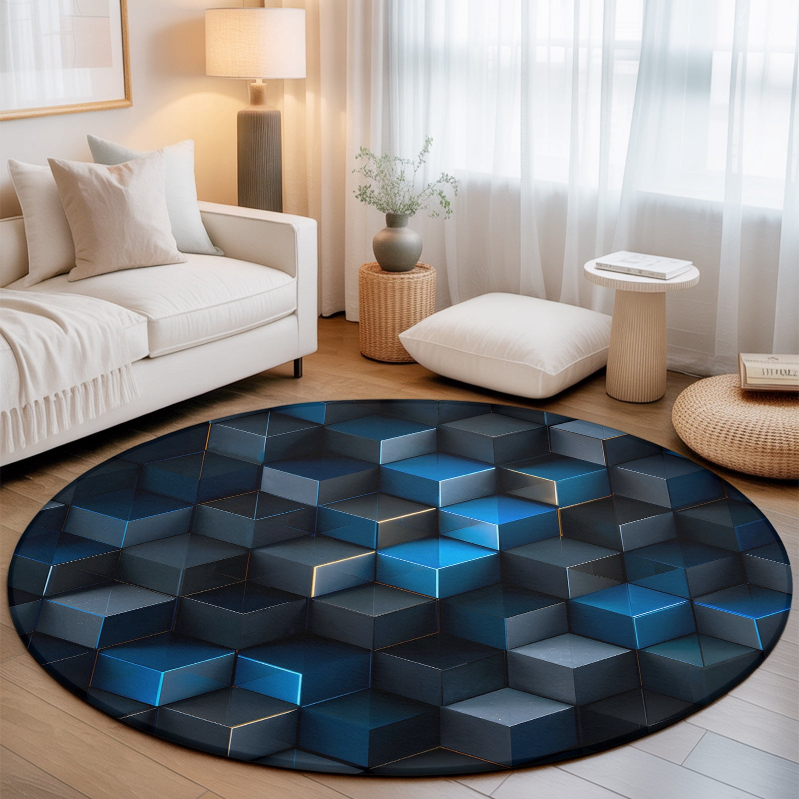 Blue Square Washable Round Area Rug 5 ft, Gradient Black Squares Modern ...