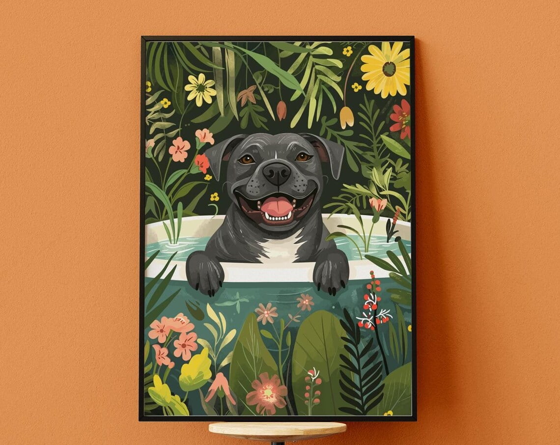 Blue Staffy Wall Art On Fine Art Paper, Kids Room Print, Boho Jungle ...