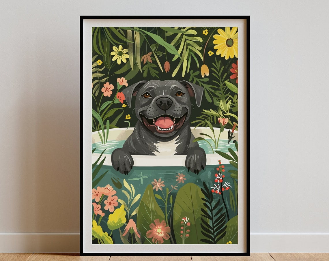 Blue Staffy Wall Art, Jungle Bathtub Tropical Print, Maximalist ...