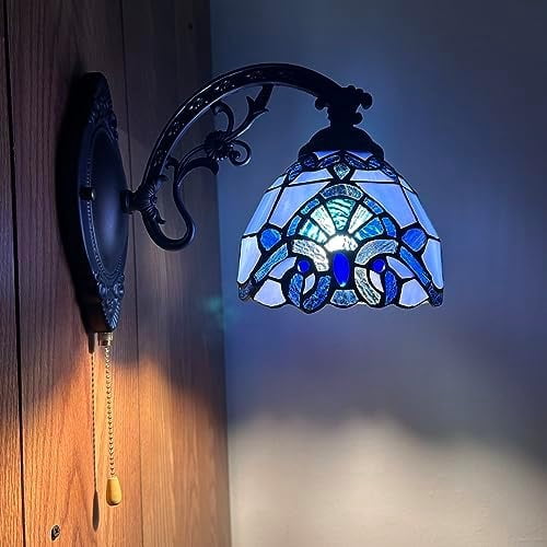Blue Stained Glass Wall Sconces Baroque Style Pull Chain Switch LED ...