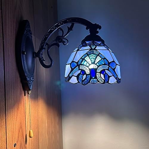 Blue Stained Glass Wall Sconces Baroque Style Pull Chain Switch LED ...