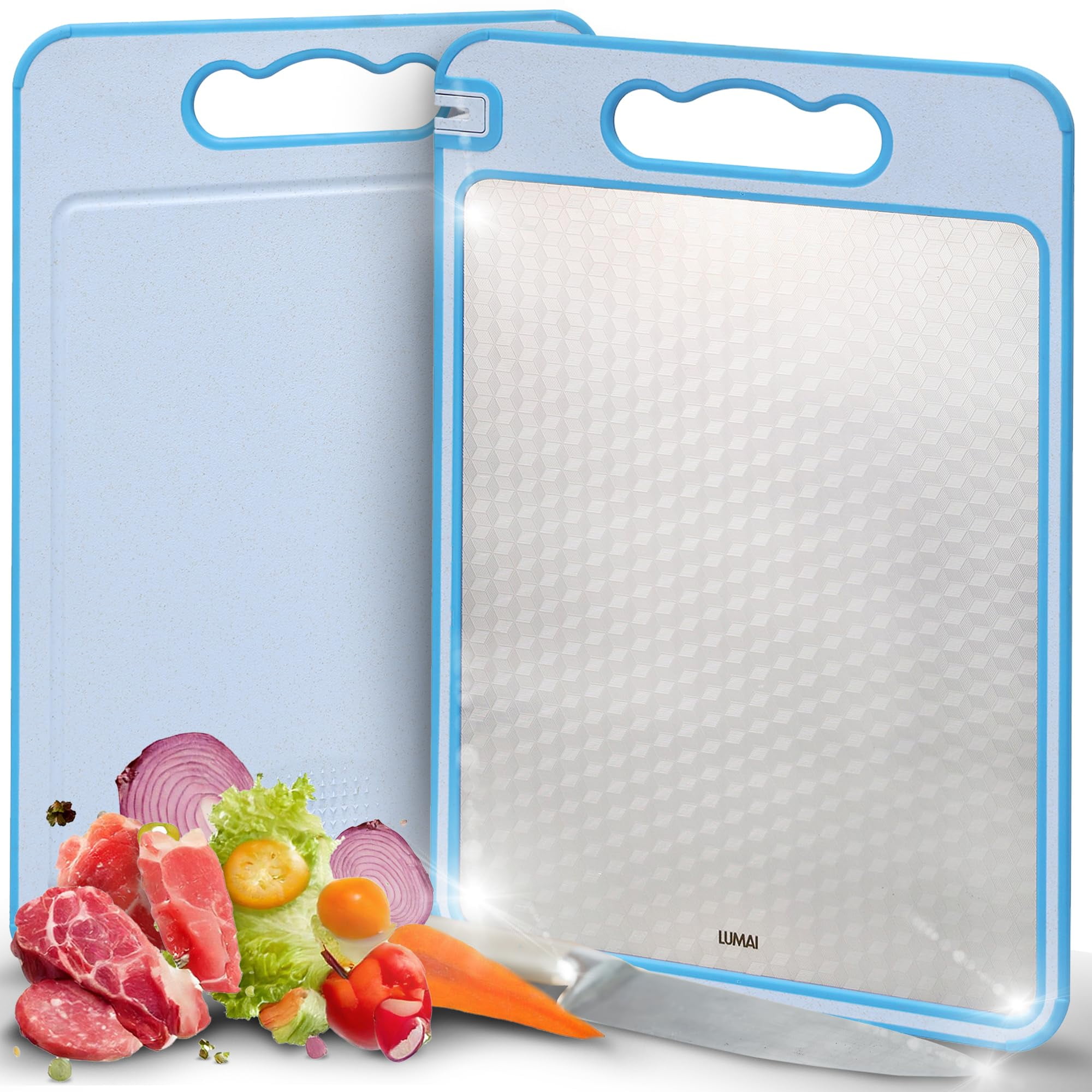 Blue Stainless Steel Cutting Board for Raw Meat & PP Wheat Straw for ...