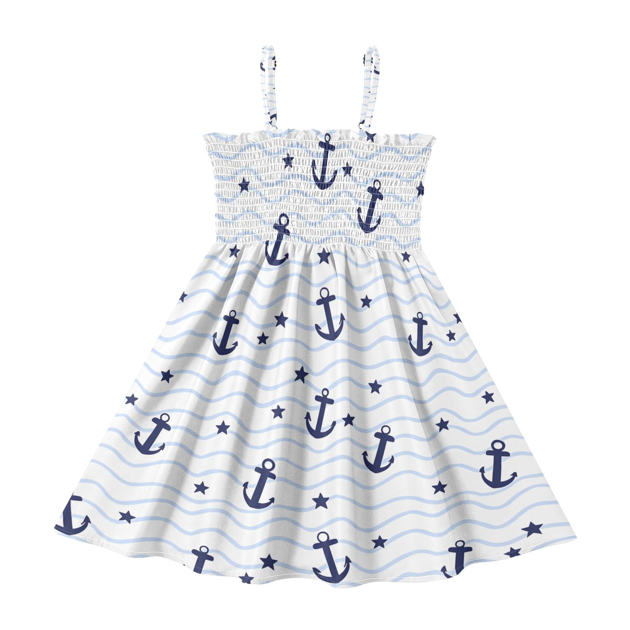 Blue Star Anchor Pattern Girls' Casual Dresses 2Y-8Y Sleeveless Ruffle ...