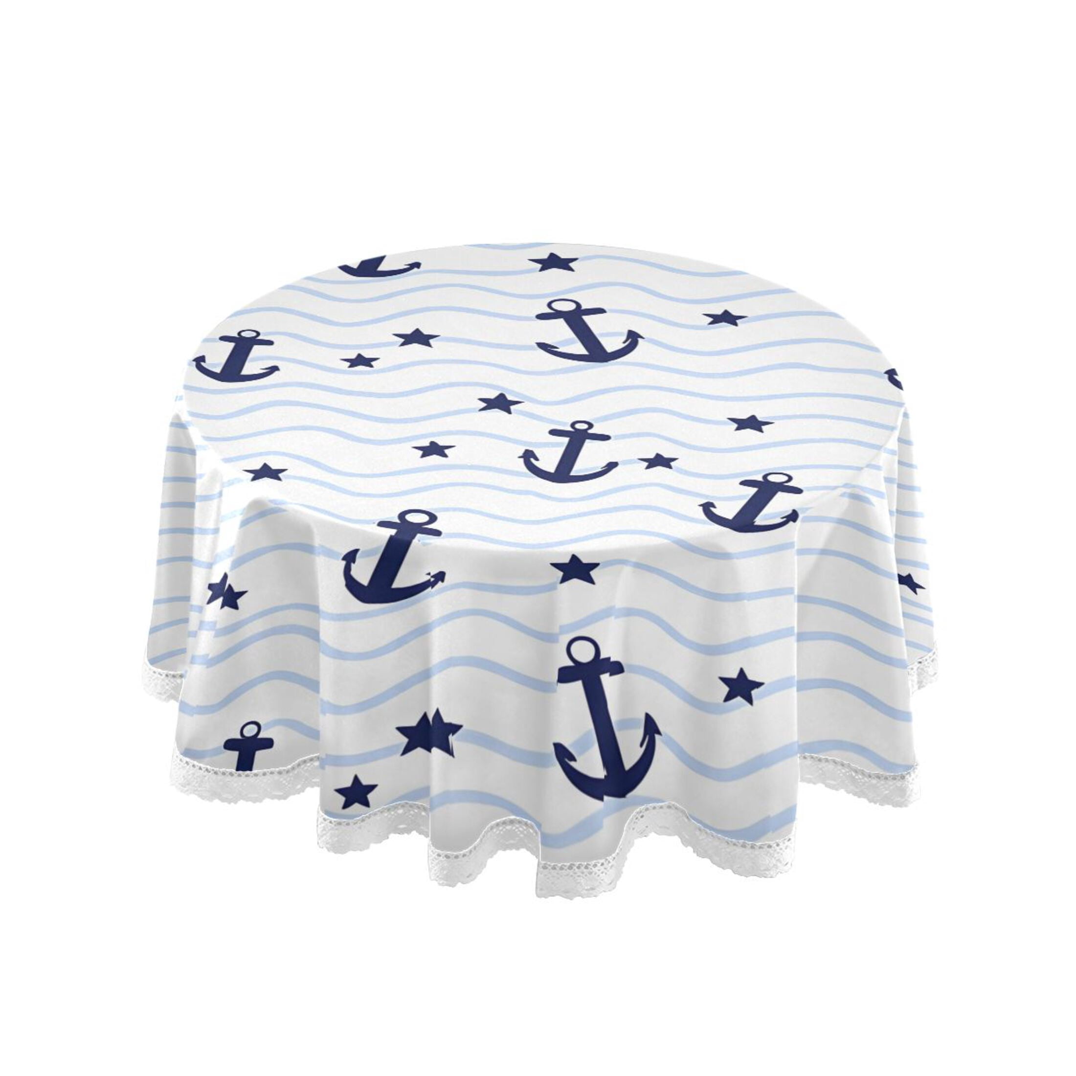 Blue Star Anchor Pattern Round Lace Tablecloth 60 Inch Polyester ...