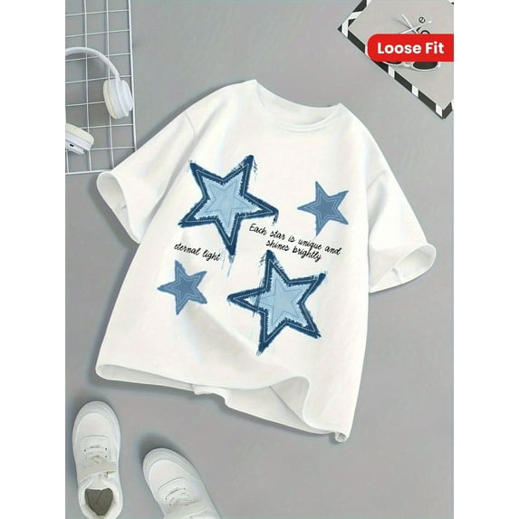 Blue Star Patchwork Graphic Tee Positive Quote Aesthetic Vintage Style ...