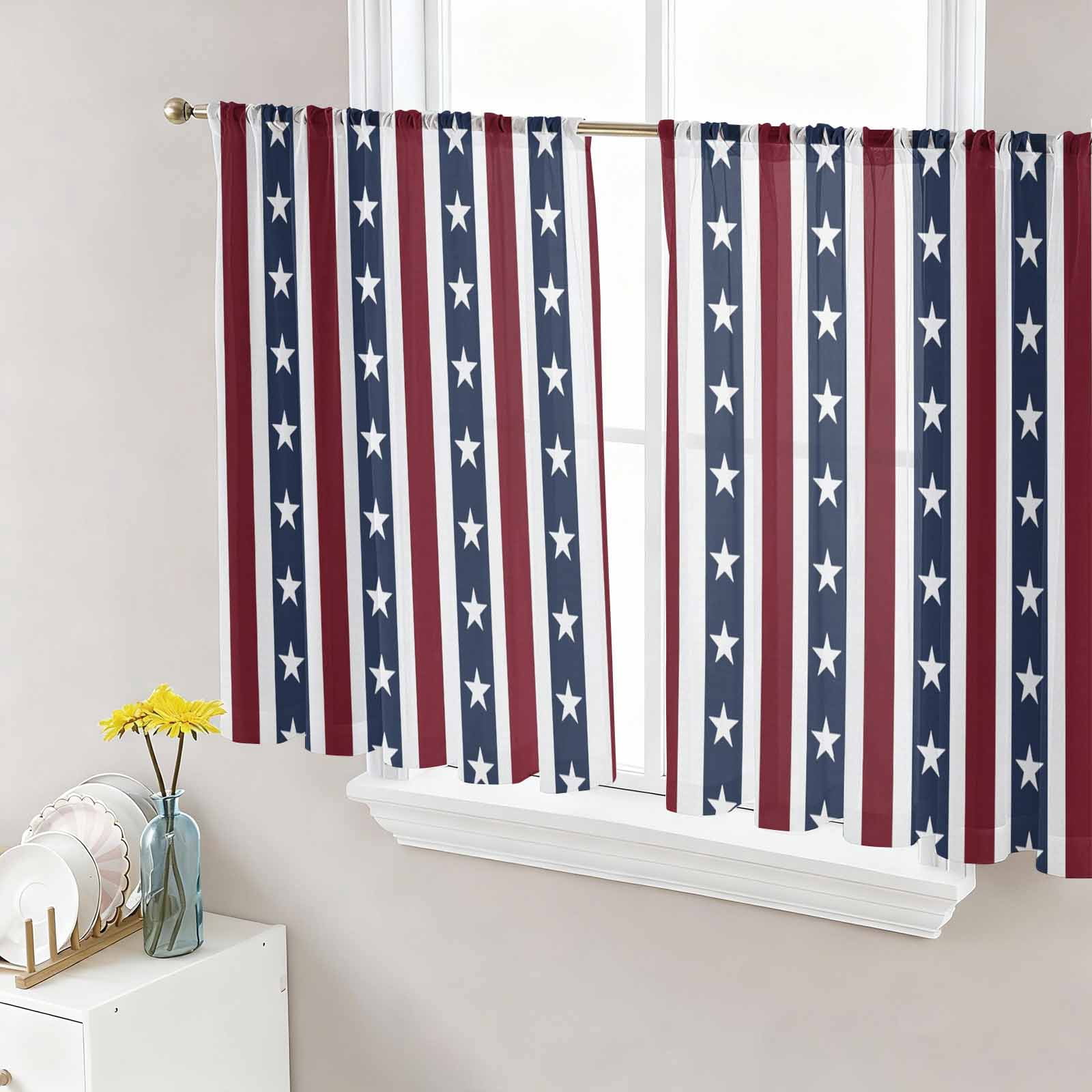 Blue Star Red Striped Sheer Curtains for Living Room Bedroom ...