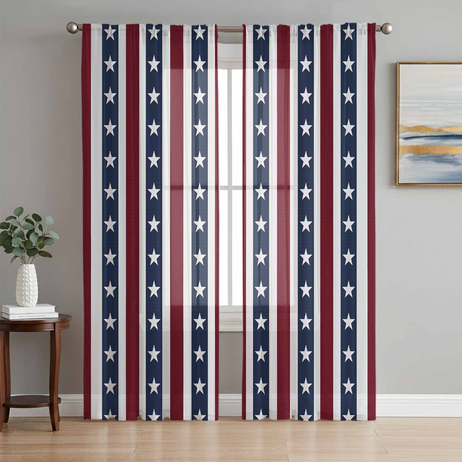 Blue Star Red Striped Sheer Curtains for Living Room Bedroom ...