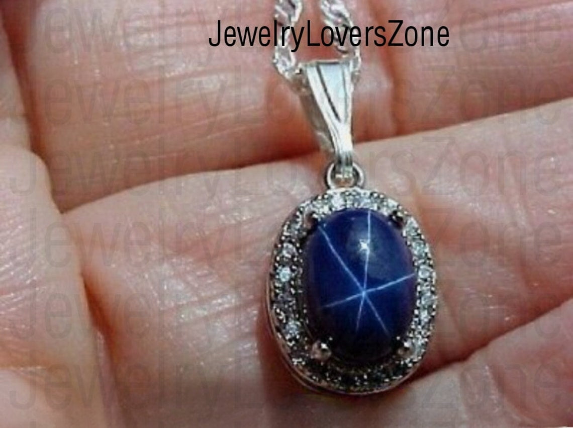 Blue Star Sapphire Necklace 925 Sterling Silver Star Sapphire Pendant ...