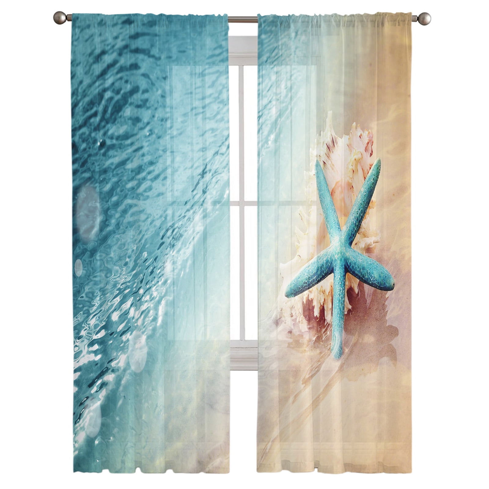 Blue Star Sea Beach Shell Sheer Curtain for Living Room Bedroom Voile ...