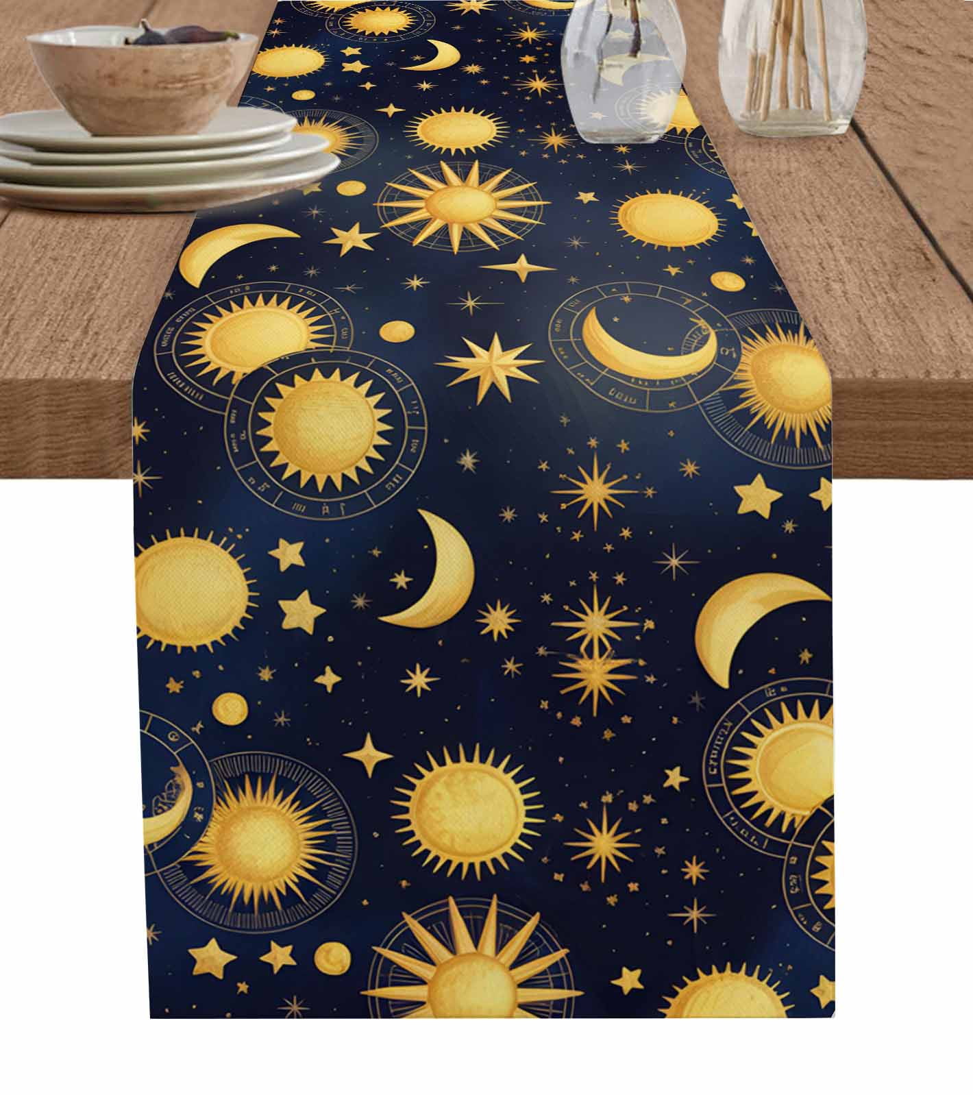 Blue Star Sky Table Runner 48 Inches, Retro Fantasy Farmhouse Gold Moon ...
