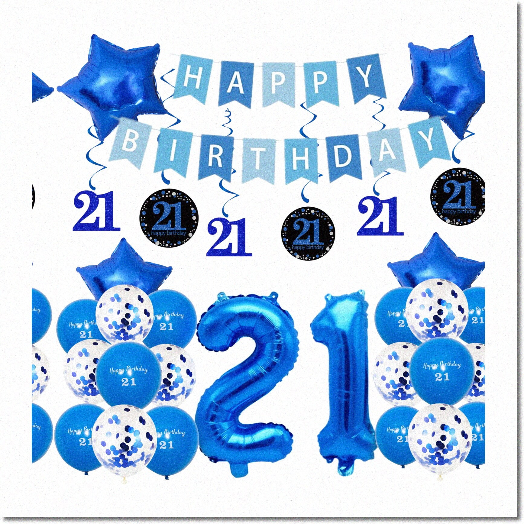 Blue Starburst 21st Birthday Party Pack - Happy Birthday Banner, Swirl Decorations, Confetti ...