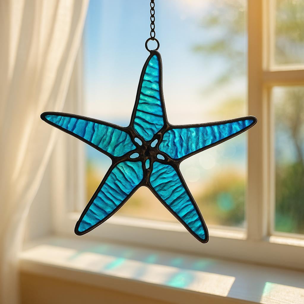 Blue Starfish Acrylic Suncatcher Ocean Window Hanging, Coastal Nautical ...
