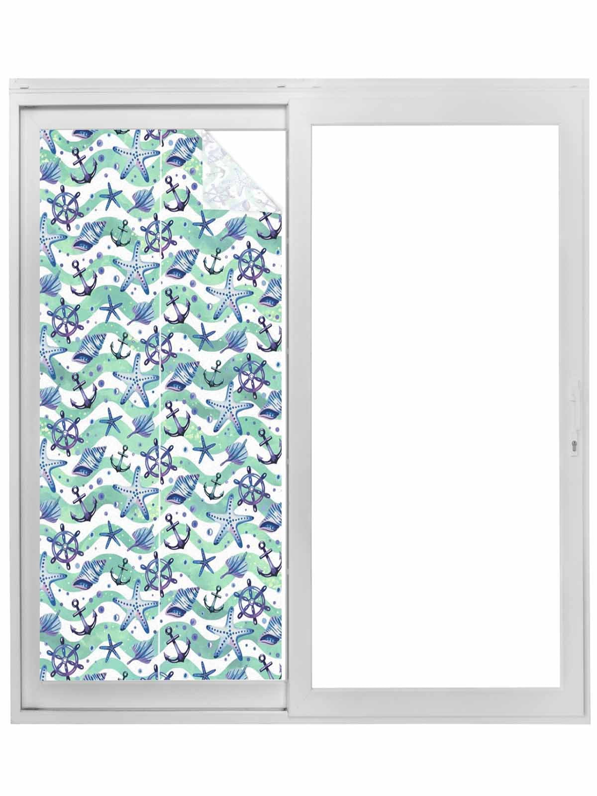 Blue Starfish Anchor Window Privacy Film, Summer Coastal Teal Waves ...