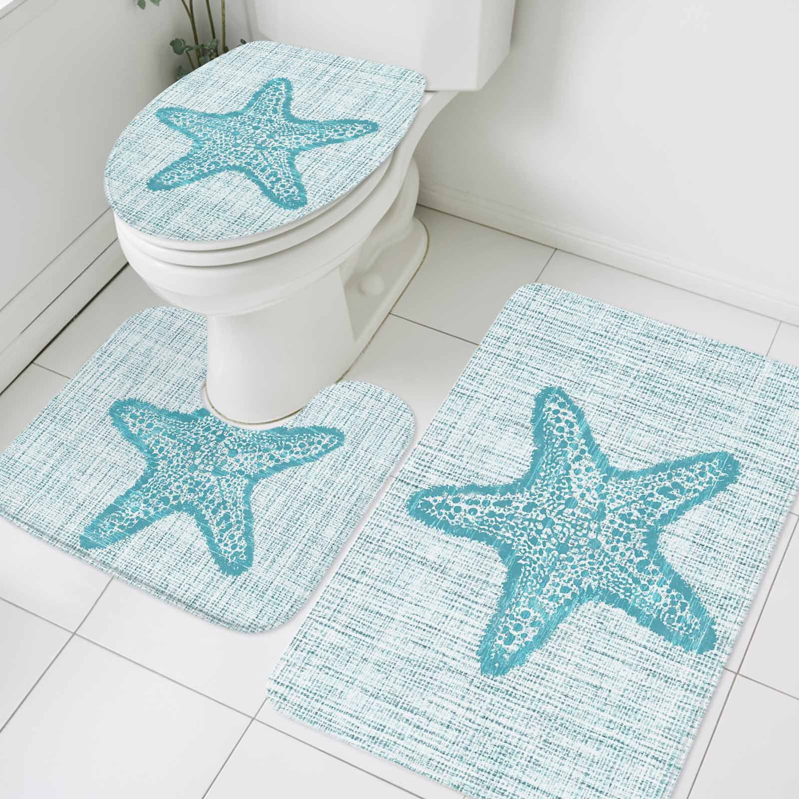 Blue Starfish Bathroom Rugs Set Marine Life Ocean Linen Texture Modern ...