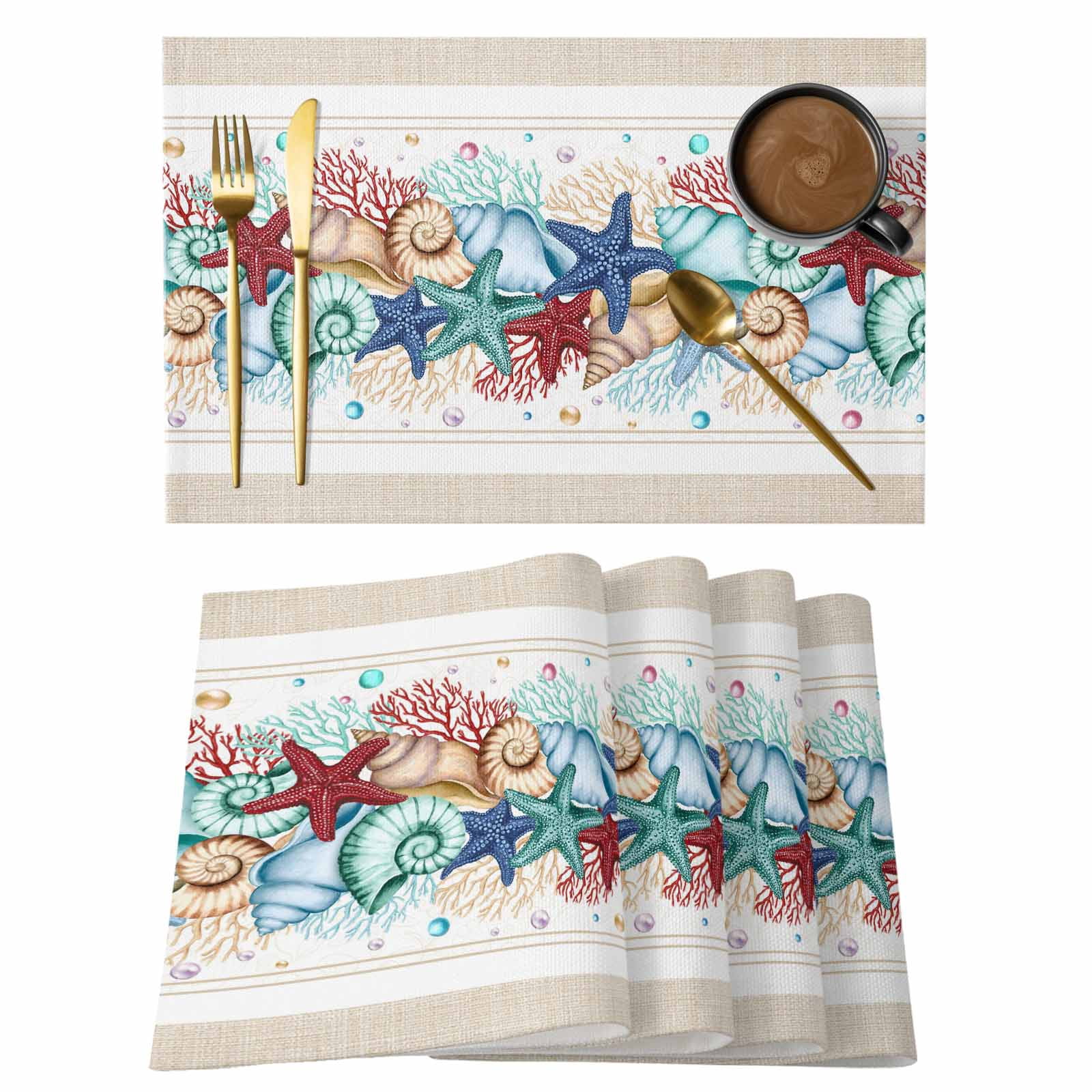 Blue Starfish Beach Placemats Set of 8, Summer Coral Conch Coastal ...