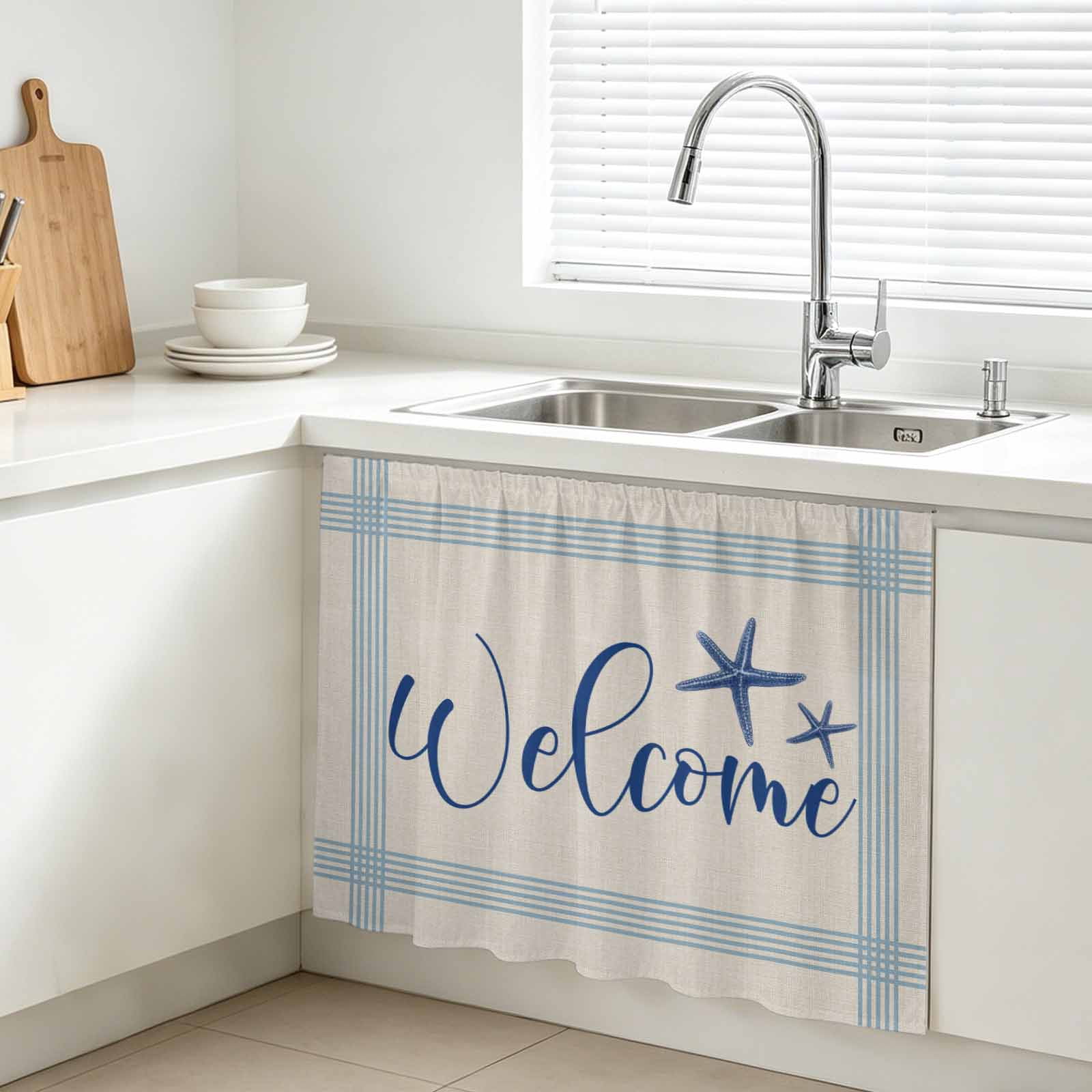 Blue Starfish Cabinet Curtain, Welcome Stripe Vintage Linen Texture ...