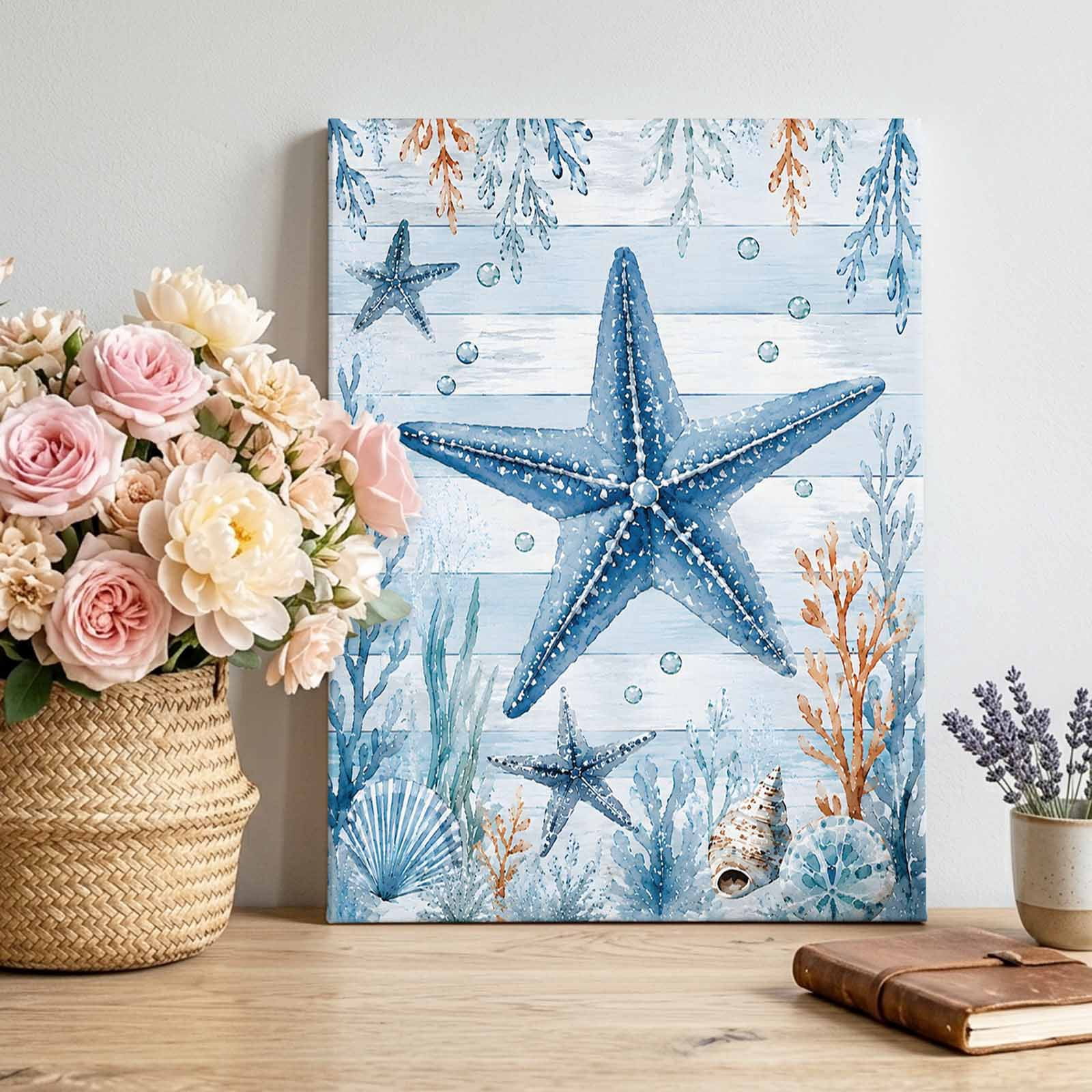 Blue Starfish Canvas Wall Art for Living Room, Nautical Coastal Shell ...