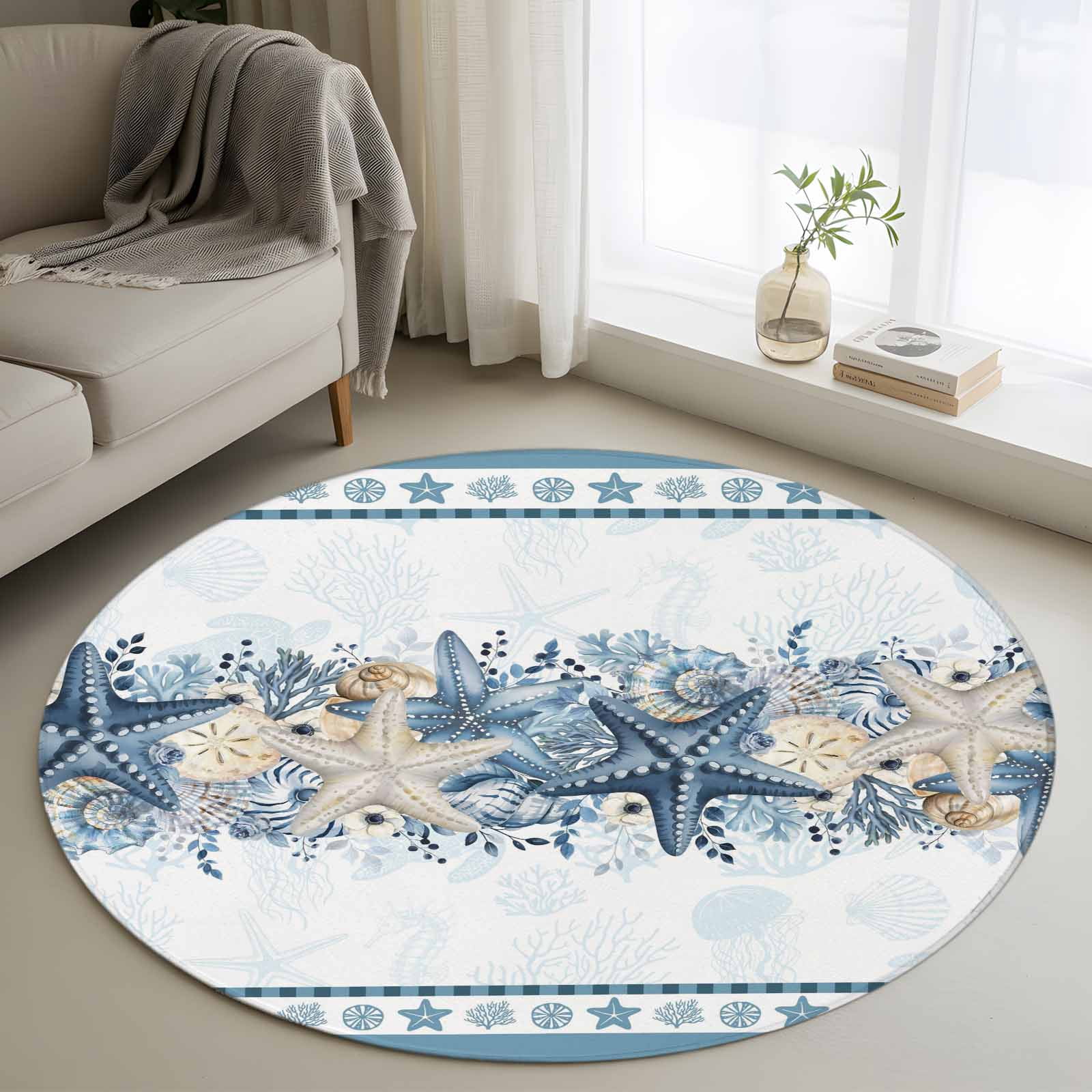 Blue Starfish Coastal 3FT Round Area Rugs Ocean Beach Coral Nautical ...