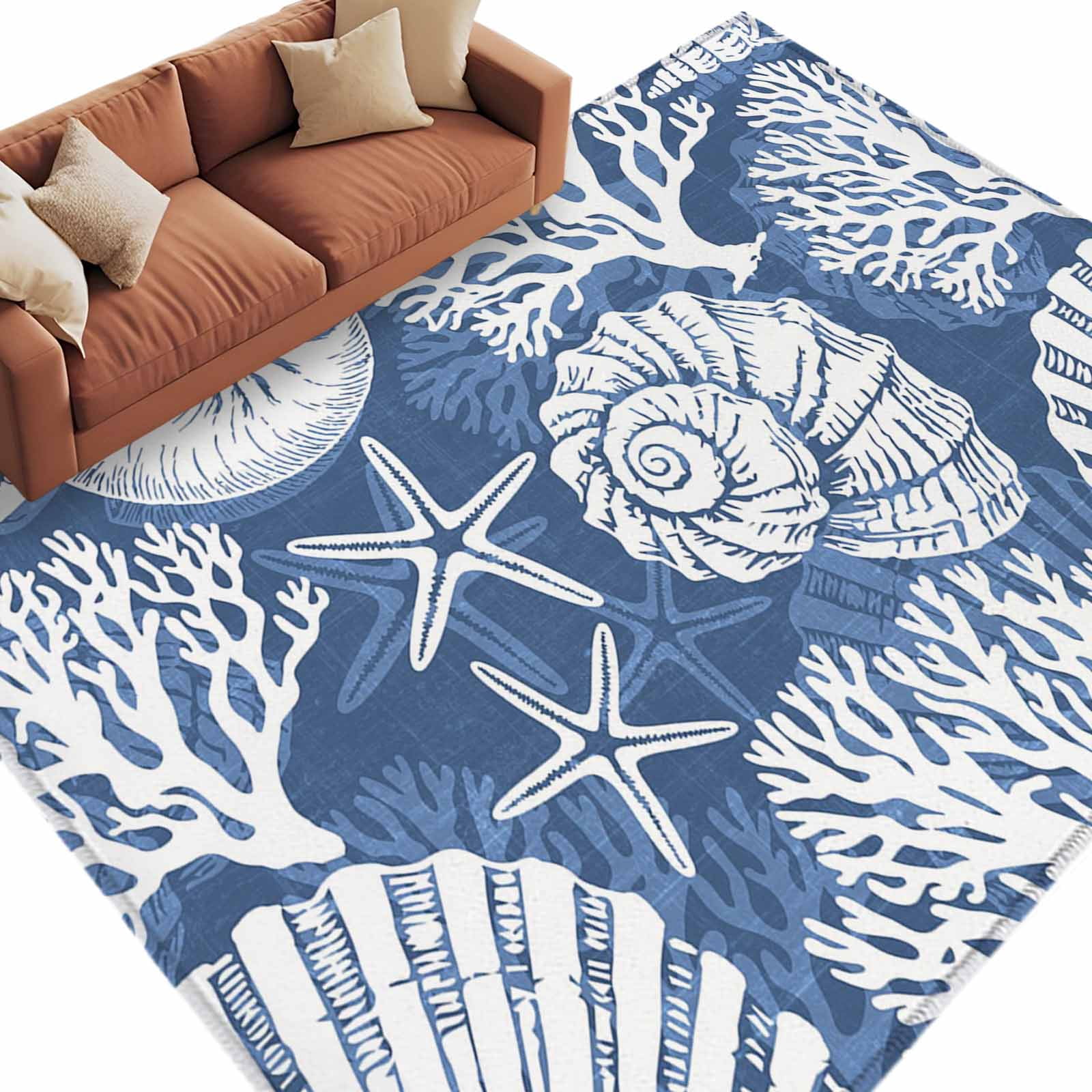 Blue Starfish Coastal Area Rug 6x9 Washable Rug Non Slip Summer Coral ...