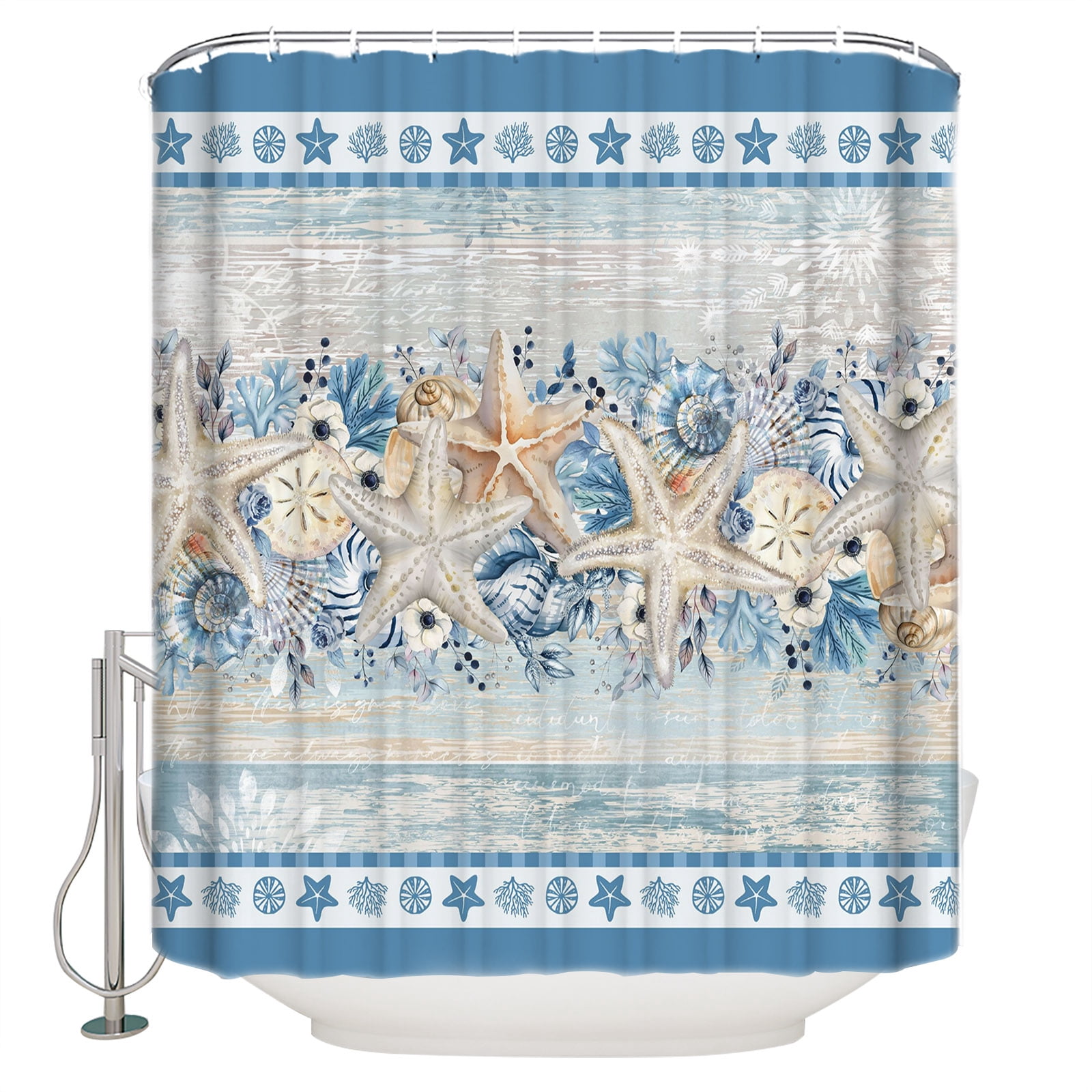 Blue Starfish Coastal Bathroom Shower Curtains with 12 Hooks Waterproof ...