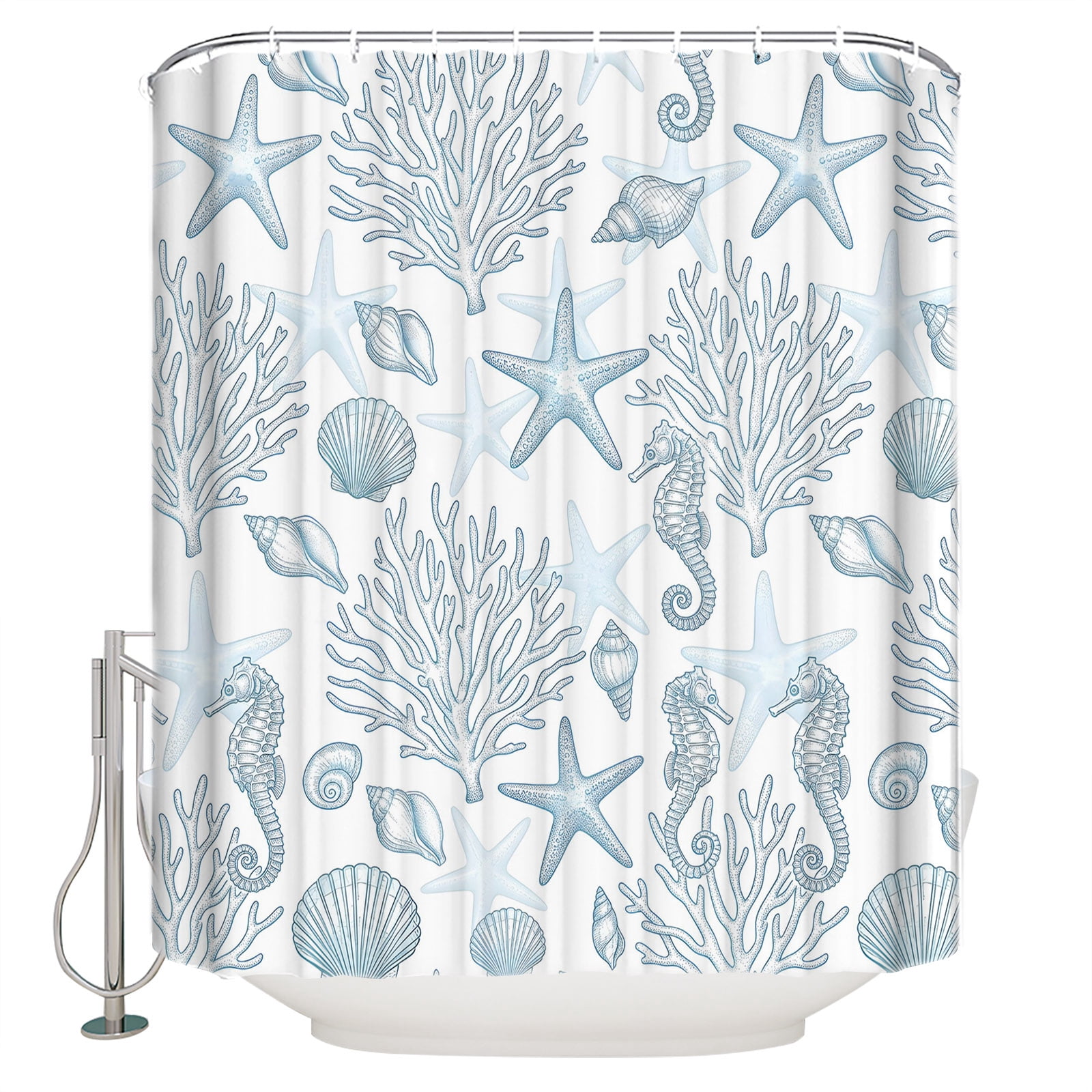 Blue Starfish Coastal Bathroom Shower Curtains with 12 Hooks Waterproof ...