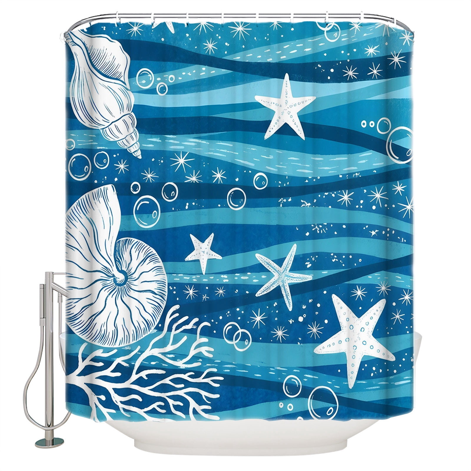Blue Starfish Coastal Bathroom Shower Curtains with 12 Hooks Waterproof ...