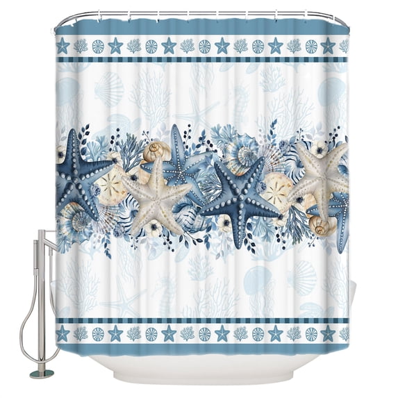Blue Starfish Coastal Bathroom Shower Curtains with 12 Hooks Waterproof ...