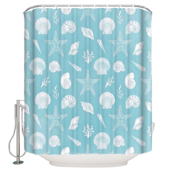 Blue Starfish Coastal Bathroom Shower Curtains with 12 Hooks Waterproof ...