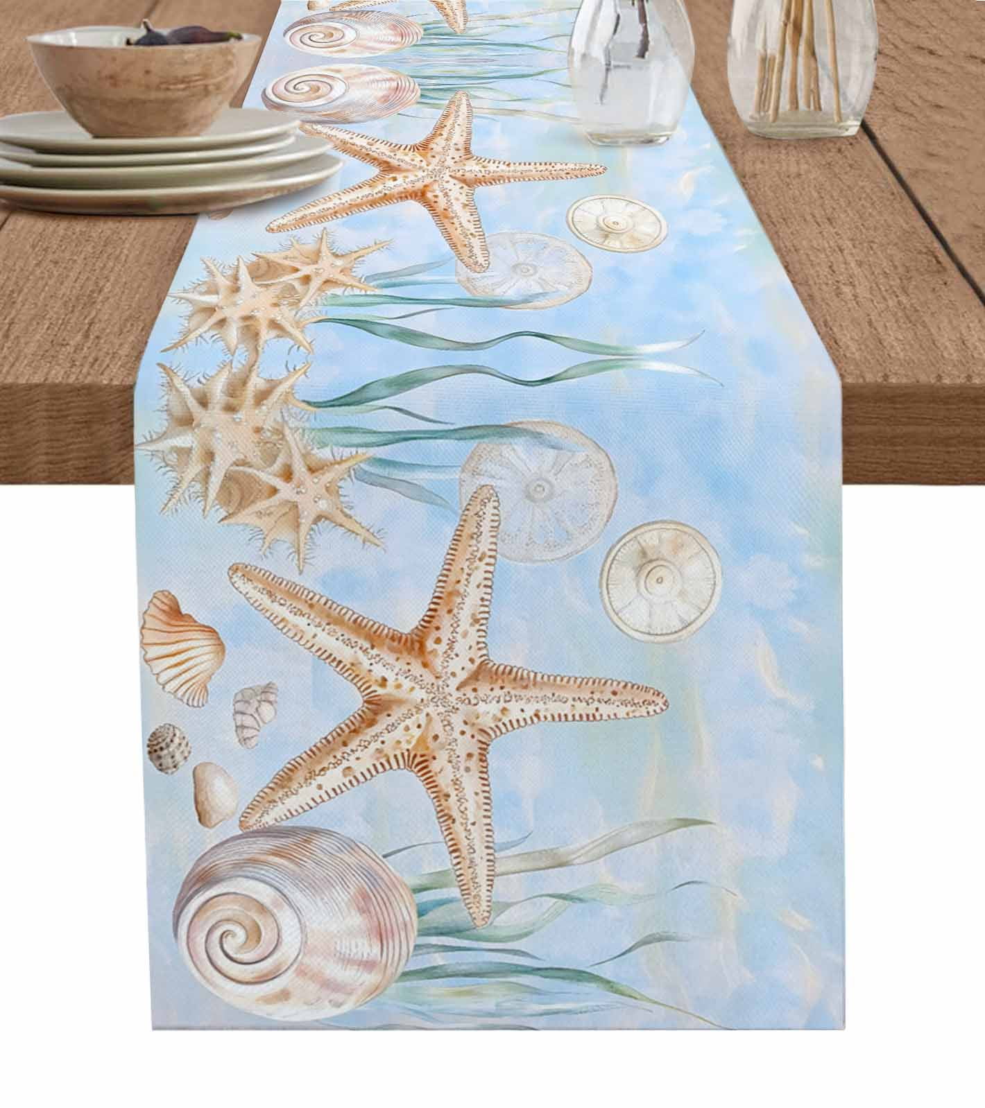 Blue Starfish Coastal Burlap Cotton Table Runner 13x90 Inches Long ...
