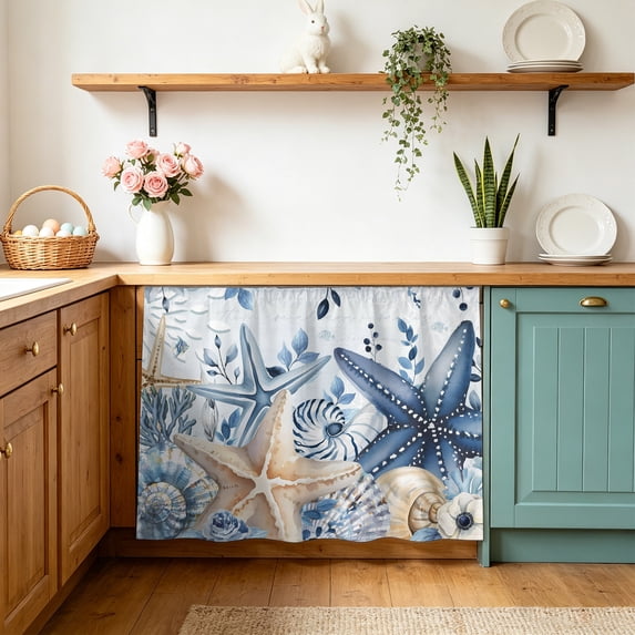Blue Starfish Coastal Cabinet Curtains 28''x35.4'', Eucalyptus Summer ...