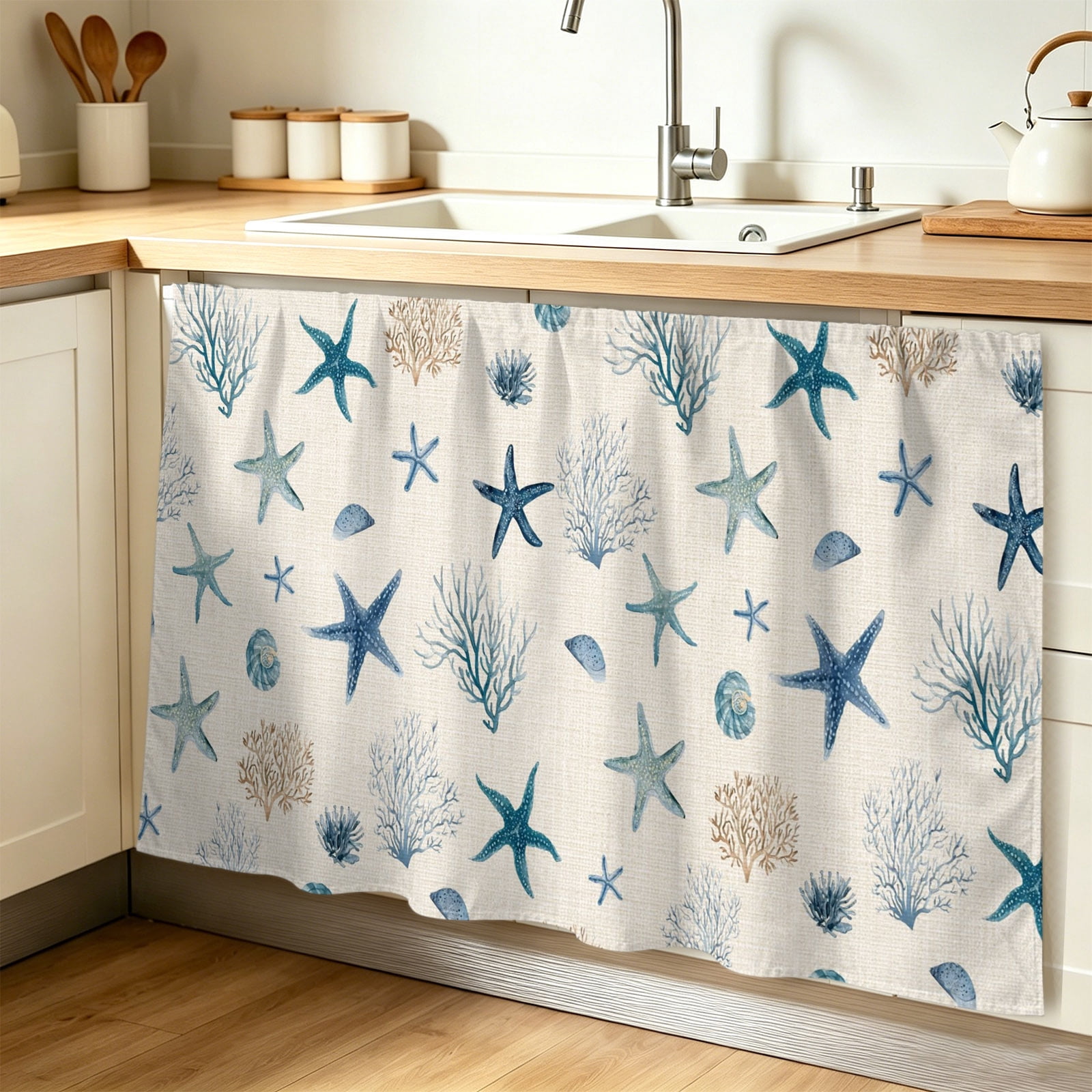 Blue Starfish Coastal Cabinet Curtains for Shelves, Summer Beach Coral ...