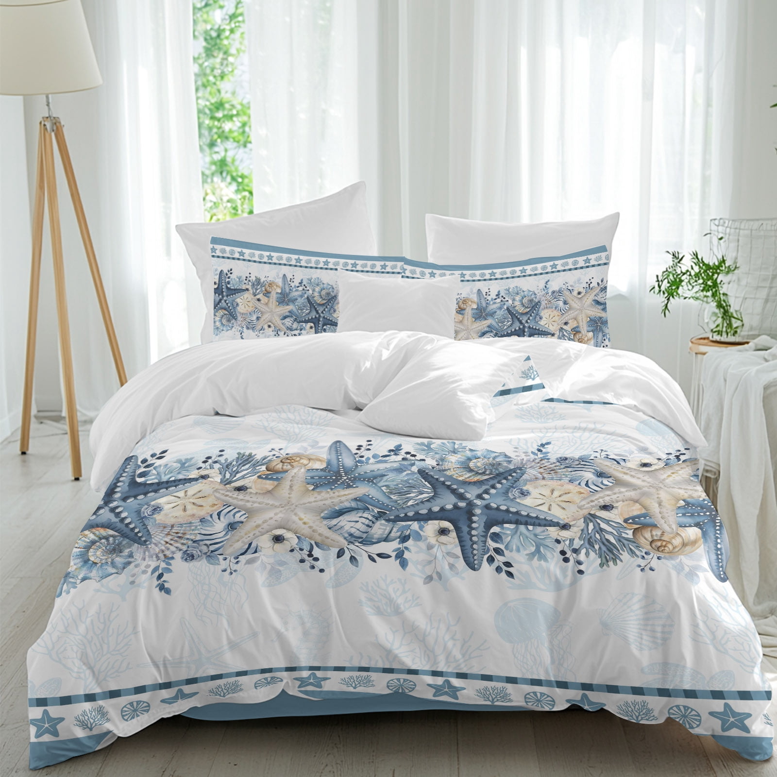 Blue Starfish Coastal Comforter Set Full Size, Ocean Beach Coral ...