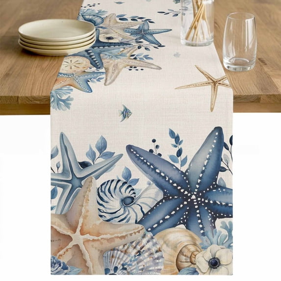 Blue Starfish Coastal Cotton Linen Rectangle Table Runners 13"x48 ...