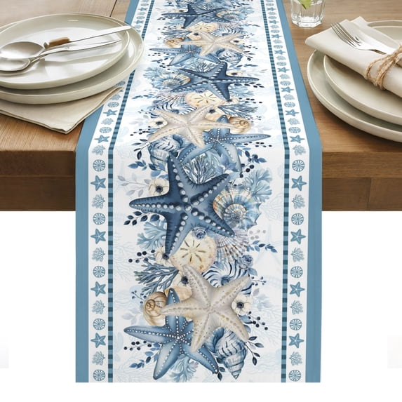 Blue Starfish Coastal Cotton Linen Table Runner Ocean Beach Coral ...