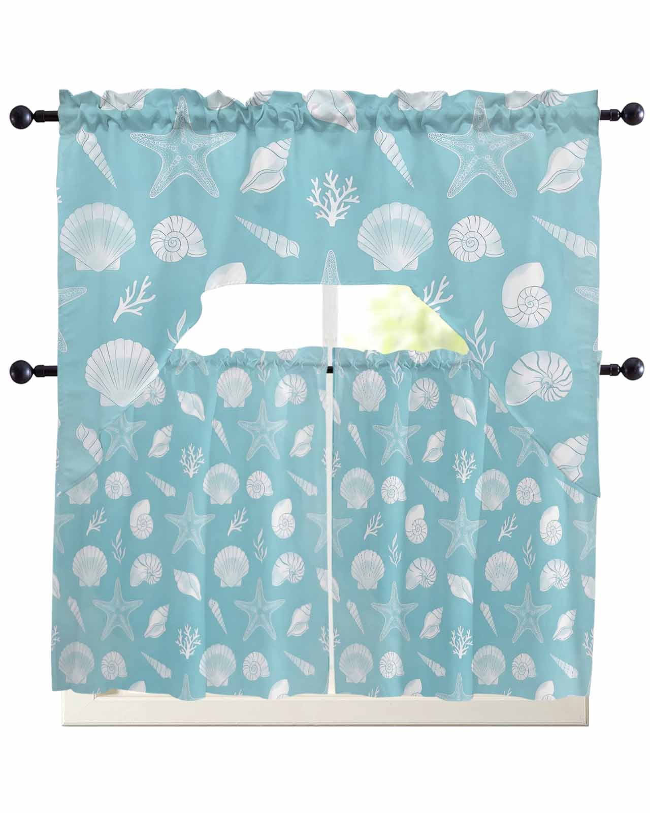 Blue Starfish Coastal Kitchen Curtains Sets 24 Inch Length with Valance ...