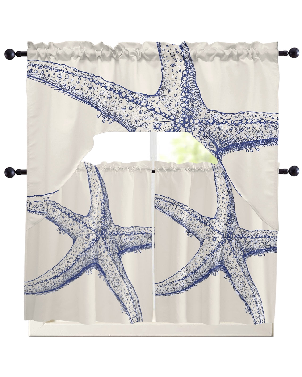 Blue Starfish Coastal Kitchen Curtains Sets for Windows 3 Piece, Summer ...
