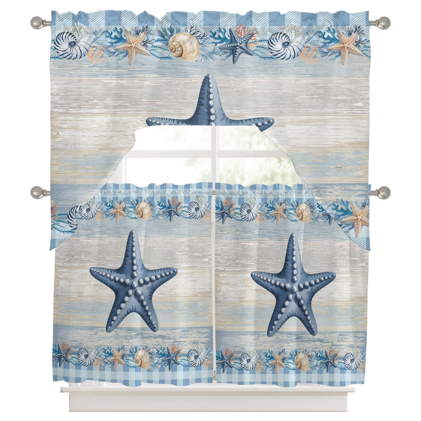 Blue Starfish Coastal Kitchen Curtains Swag Valance and Tier Curtains ...