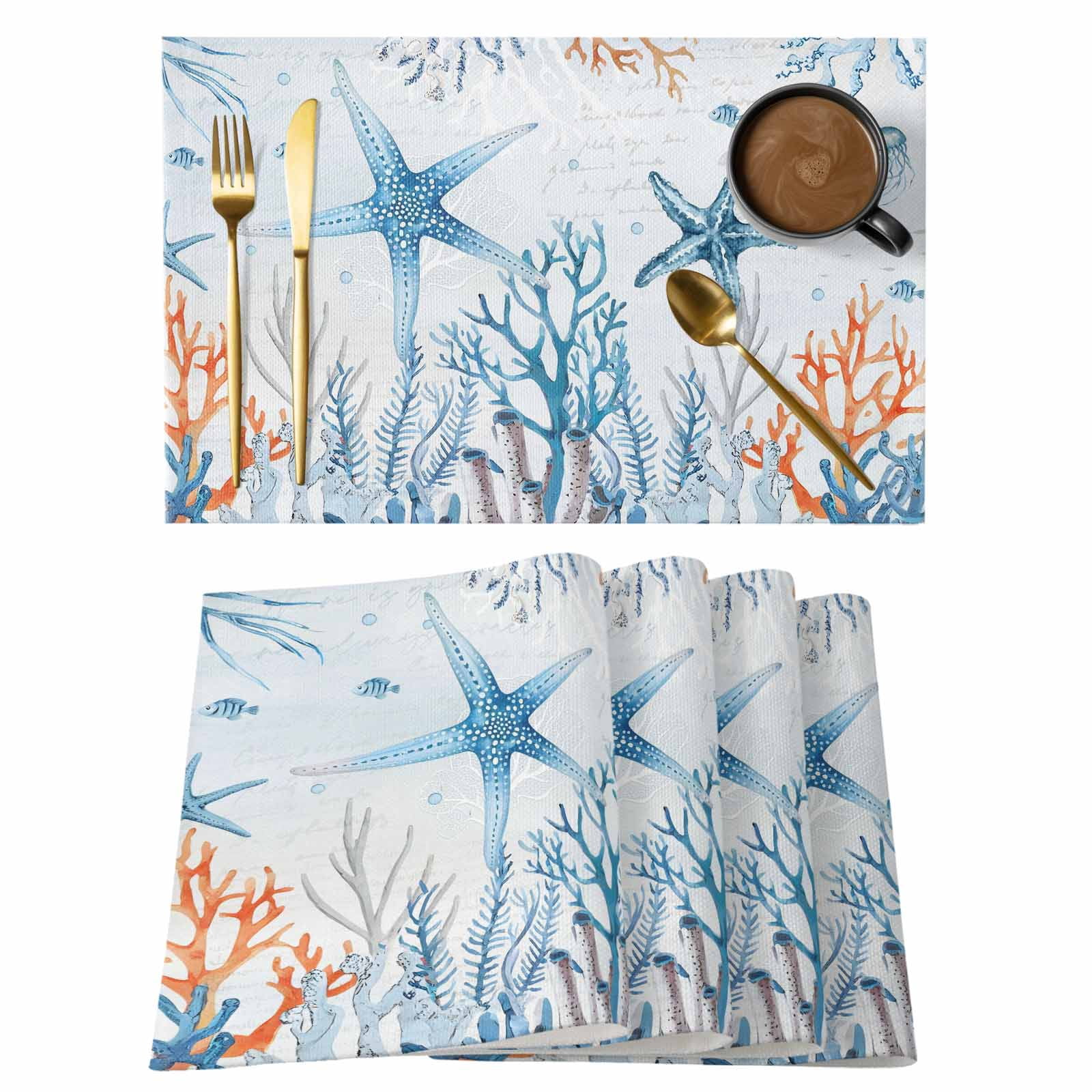 Blue Starfish Coastal Placemats Set of 4, Summer Beach Sea Ocean Coral ...