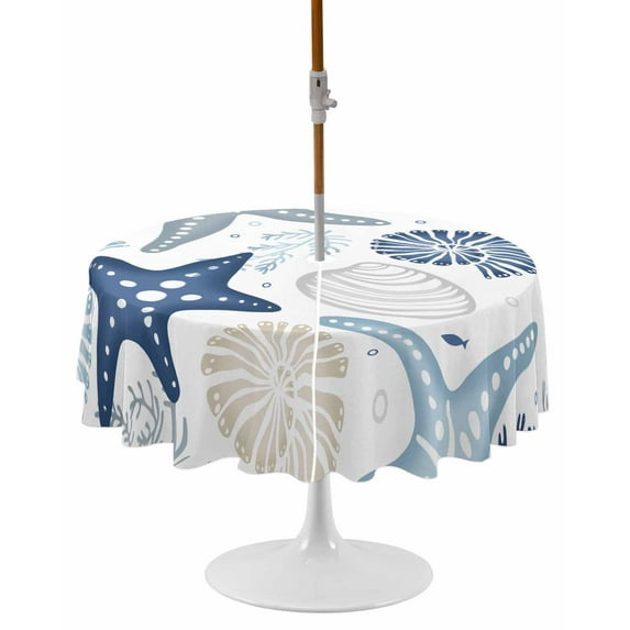 Blue Starfish Coastal Round Outdoor Tablecloth, Waterproof Table Cloth ...