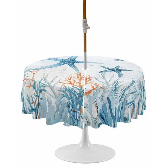 Blue Starfish Coastal Round Outdoor Tablecloth, Waterproof Table Cloth ...